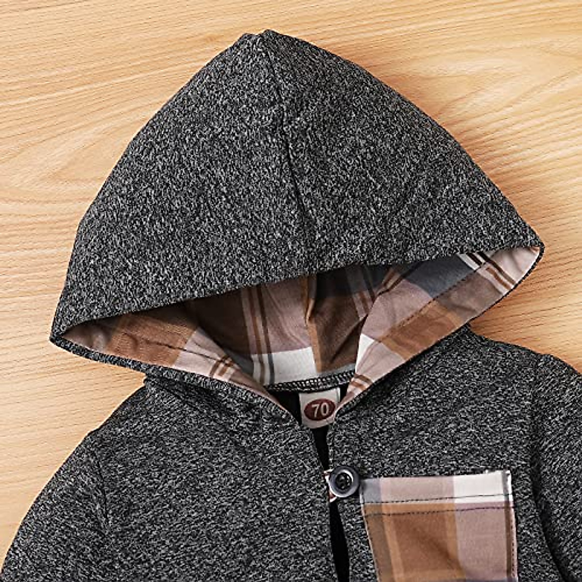 VOLUOVO Baby Boy Clothes Newborn Boy Outfits Infant Clothing Plaid Pocket Hooded Sweatshirt Long Pants Toddler Clothe(GreyOrange/90)