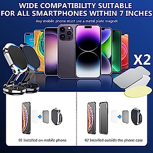 2 Pack Alloy Folding Magnetic Car Phone Holder,360° Rotation Magnetic Cell Phone Holder for Car [Super Strong Magnet] Bracket Magnetic Dashboard Phone Car Mount for All Smartphone (Silver+Black)