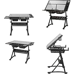 XiVue Drafting Table with Storage, Height Adjustable Tiltable Art Desk, Glass Panel Drawing Desk, for Work Study Painting Craft Table