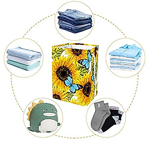 Inhomer Hand Painted Sunflowers Blue Butterfly Large Laundry Hamper Waterproof Collapsible Clothes Hamper Basket for Clothing Toy Organizer, Home Decor for Bedroom Bathroom