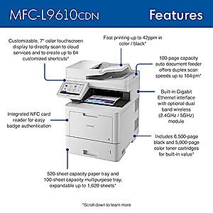 Brother MFC‐L9610CDN Enterprise Color Laser All‐in‐One Printer with Fast Printing, Large Paper Capacity, and Advanced Security Features