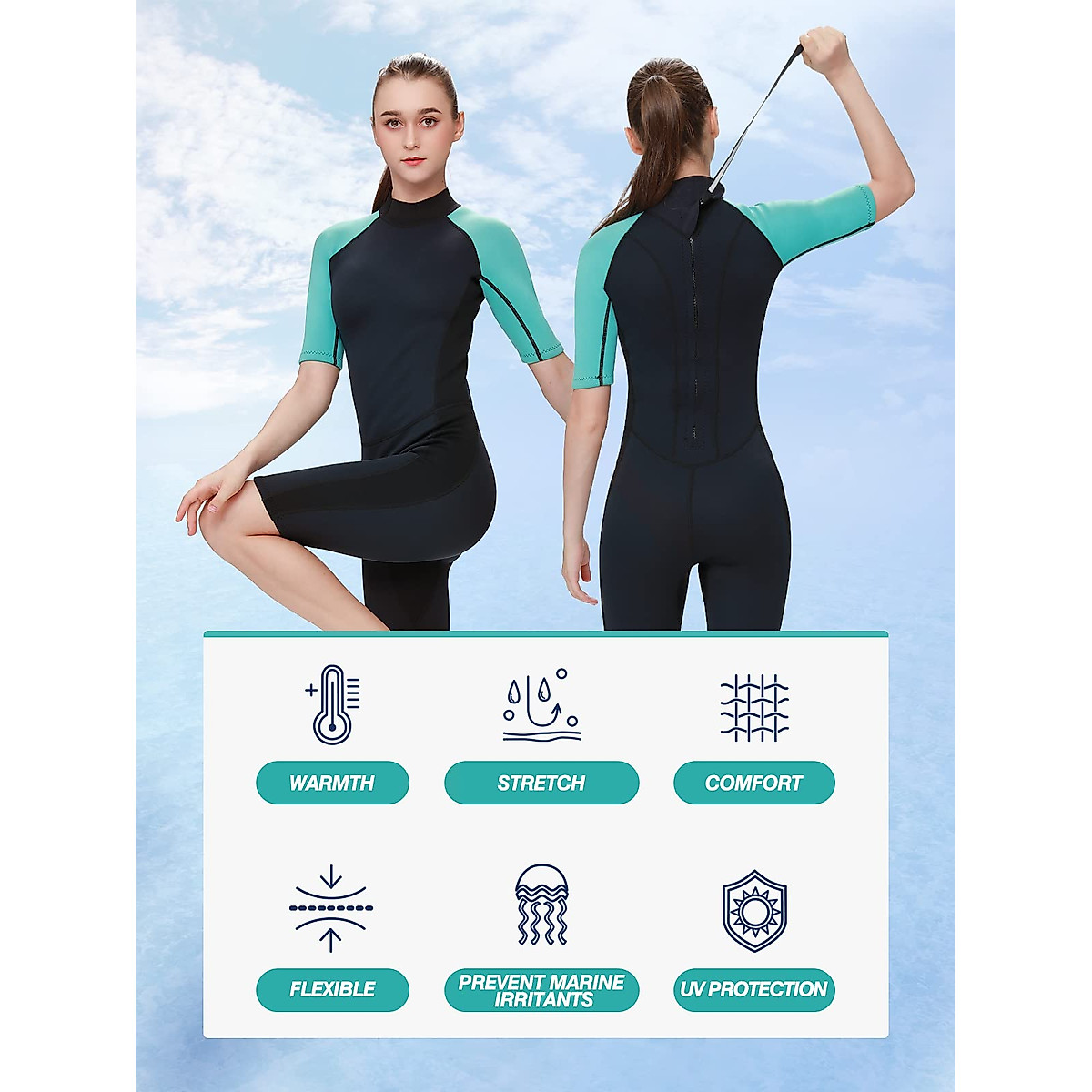 FLEXEL Wetsuit Shorty Women, 2mm Neoprene Short Sleeve Diving Suit Back Zip Keep Warm 1.5mm Female Shorties Wet Suits for Snorkeling Surfing Paddle Boarding (Blue 2mm, Large)