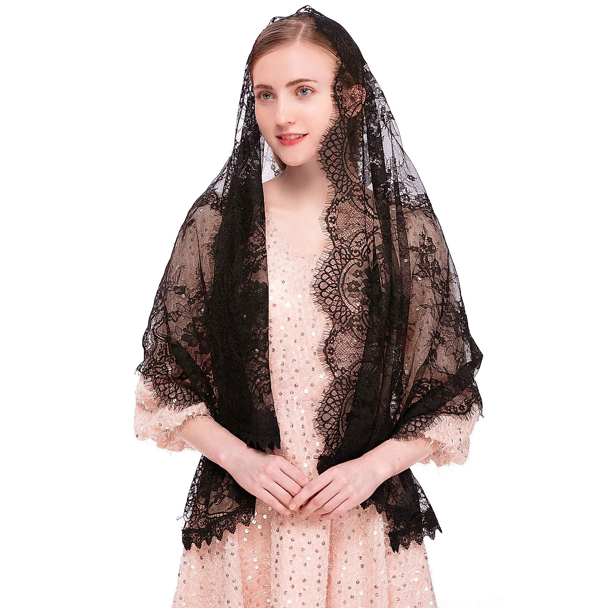 PAMOR Rectangular Chapel Veil Spanish Lace Floral Mantilla Veils Wrap Shawl Mass Head Covering (Black)