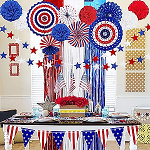 MOVINPE 4th of July Patriotic Party Decorations Set, American Flag Hanging Paper Fans, Pompoms Flowers, Foil Fringe Curtain, Star Streamers, USA Pennant Bunting Independence Day Party Supplies