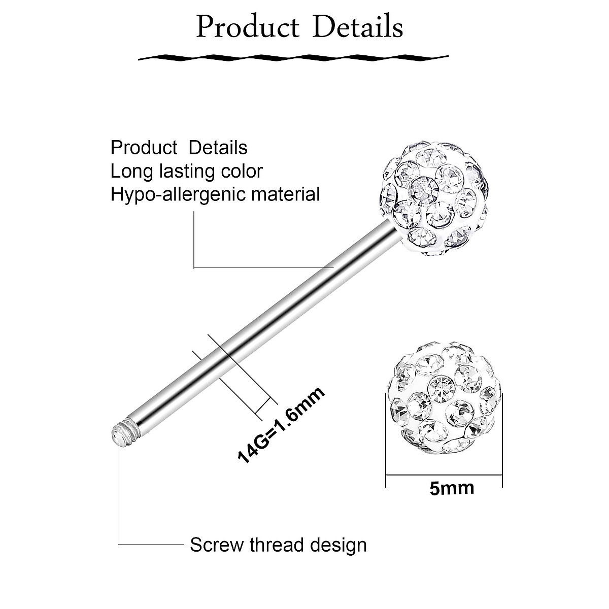 JOVITEC 2 Pairs Stainless Steel Nipple Ring CZ Barbell Rhinestone Nipple Studs for Nipple Tougue Body Piercing, 14 G (Silver)