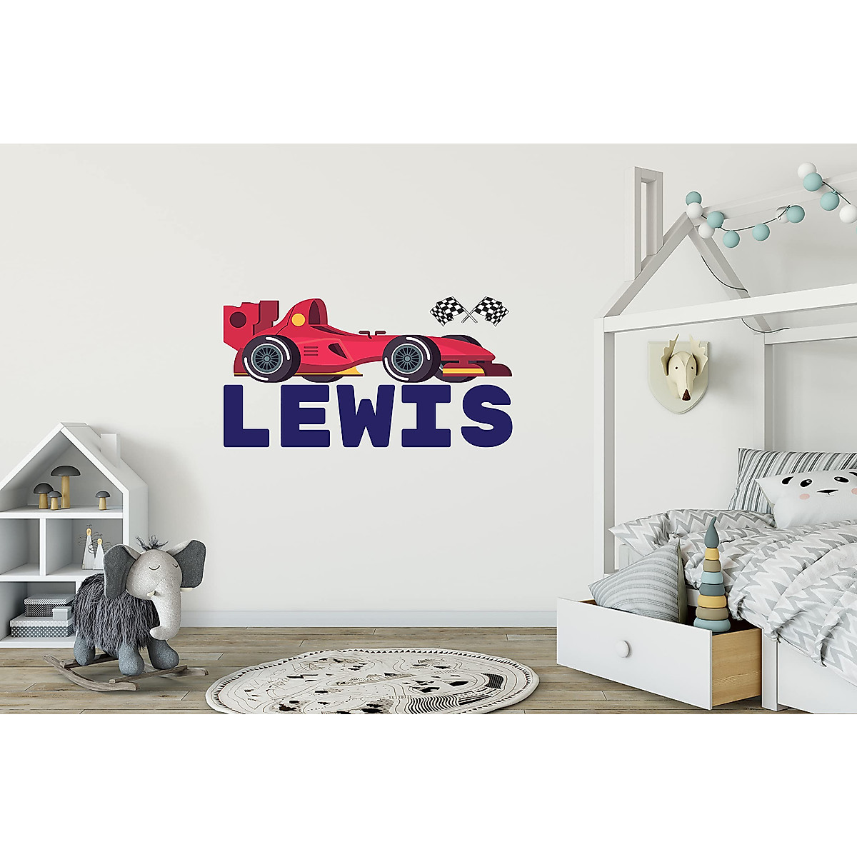 CuteDecals Race Car Custom Name Wall Decal - Personalized Race Car F1 Wall Decor - Sport Race Car Theme Wall Art Mural - Wall Decal for Nursery Bedroom Decoration (Wide 15 inchx8 inch Height)