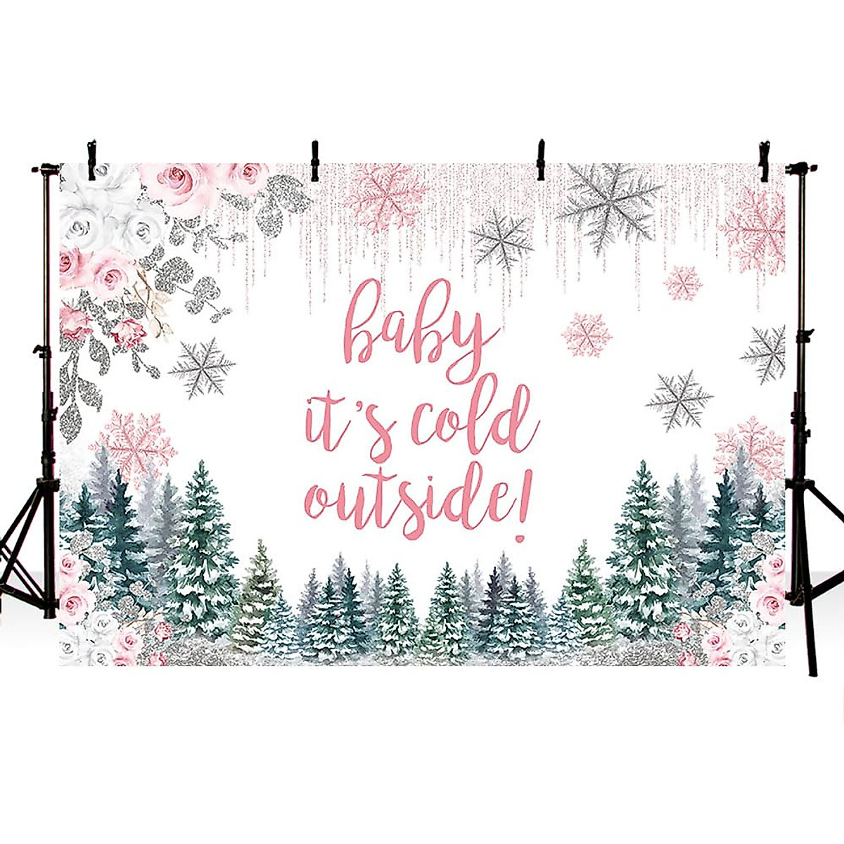 MEHOFOND 7x5ft Winter Baby Shower Backdrop for Girls Baby It's Cold Outside Pink Floral Photography Background Little Snowflake Pine Tree Oh Baby Party Banner Decorations Photo Booth Props