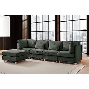 MYINDA U Shaped Sectional Couches for Living Room, 110 Inch Modular Sectional Sofa with Movable Ottoman, Corduroy Oversized Living Room Furniture Sets (Dark Green)