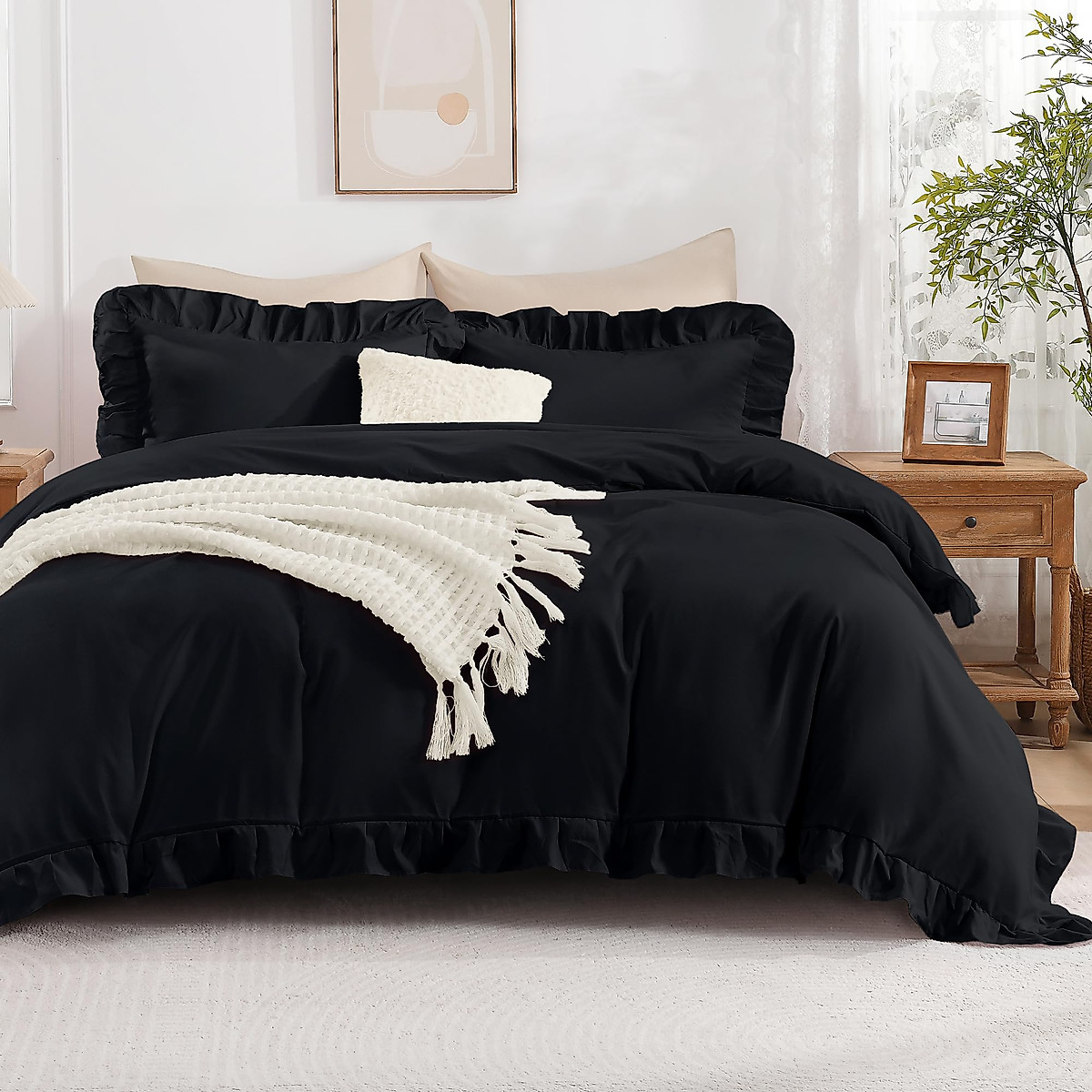 Andency Black Duvet Cover Queen Size, 3 Pieces Ruffle Duvet Cover Set, Soft Microfiber Queen Duvet Cover Bedding Set with Zipper Closure