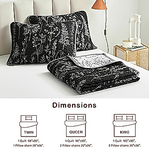 Joyreap 3 Pieces Quilt Set Full/Queen, Black n White Reversible Botanical Design, Smooth Soft Microfiber Quilt, Bedspread Bed Cover for All Season, 1 Quilt and 2 Pillow Shams- 90x90 inches