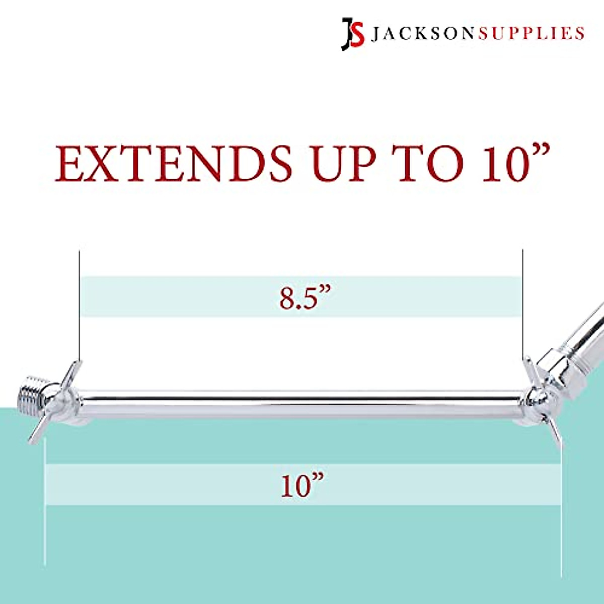 Shower Head Extension Arm by JS Jackson Supplies, Adjustable 10 Inch Showerhead Extender, Solid Brass Construction, Universal Tall Hi-lo Pipe Height Extending (Chrome Finish)