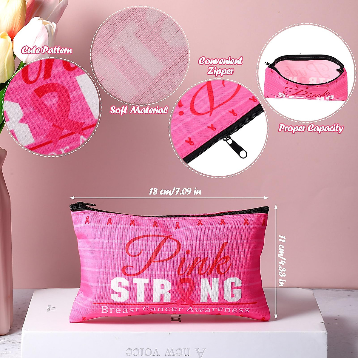 Tanlade 36 Pcs Breast Cancer Survivor Gifts for Women Girl Include Breast Cancer Awareness Makeup Bags Novelty Pink Ribbon Buttons Badge Hope Faith Strength Courage Inspiring Wristband for Party Favor