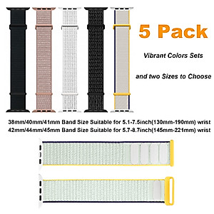 5 Pack Sport Loop Bands Compatible with Apple Watch Band 38mm 40mm 41mm 42mm 44mm 45mm Women Men, Soft Nylon Braided Elastic Strap Replacement Wristband for iWatch Series 7/6/5/4/3/2/1/SE