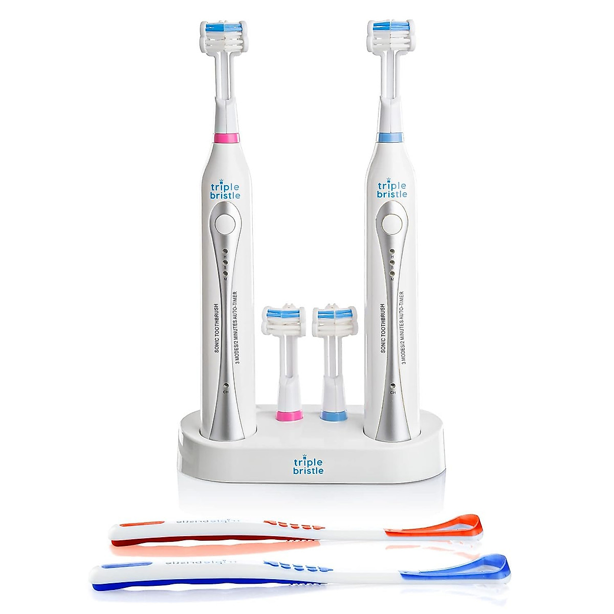 Triple Bristle Duo - 2 Electric Toothbrushes with Dual Charging Station, Patented 3 Head Design, 31,000 VPM, Rechargeable Toothbrush Set for Families & Couples, 3-Sided Sonic Brush