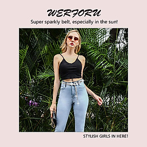 WERFORU Women Crystal Rhinestone Shiny Chain Waist Belt Party Club Sparkle Belt(B-Silver, Pants Size below 38 Inches)