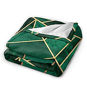 Nice Flannel Fleece Blankets, 80"x60", Emerald and Copper Green Triangle Gold Lines Geometric Art Throw Blanket for Cold Weather Outdoor Decorative, Air conditioning blanket and Quality Hypoallergenic