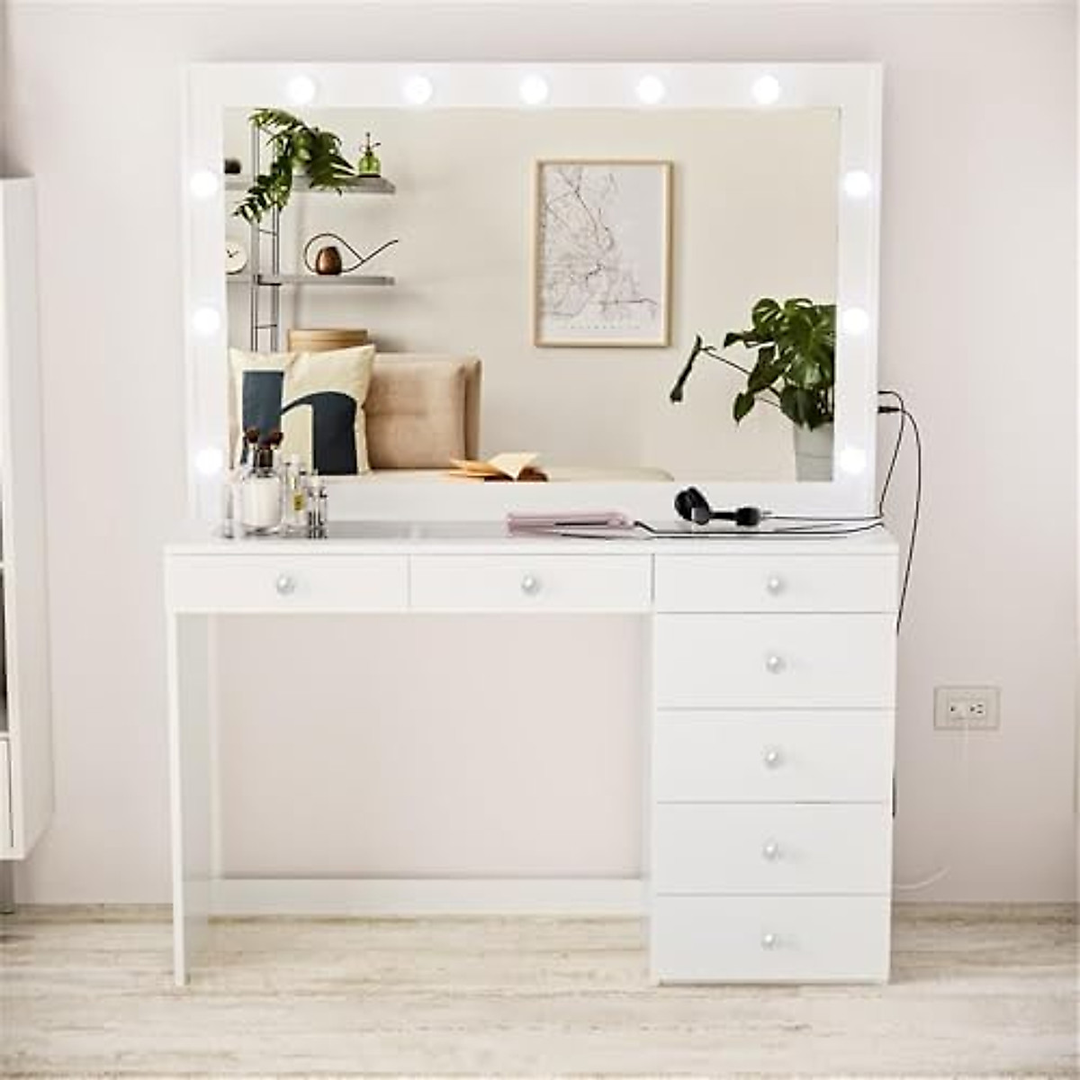 Boahaus Serena LARGE Makeup Vanity with Hollywood Lights Built-in, 7 Drawers, Hollywood Mirror, Hairdryer Hanger, Glass Top, Crystal Ball Knobs, White Vanity Makeup Desk for Bedroom, 58''Hx47''Wx17''D