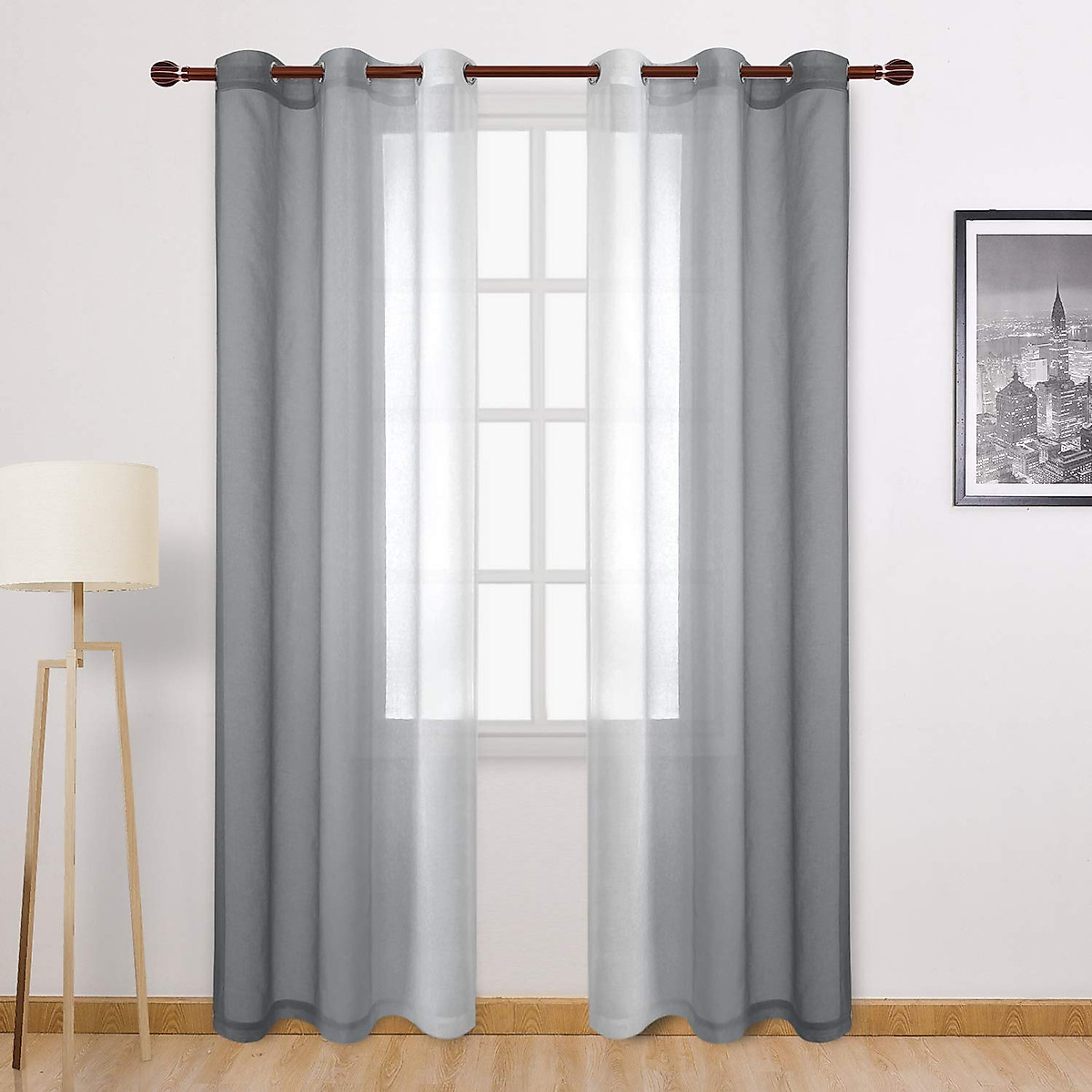 DWCN Grey Faux Linen Ombre Sheer Curtains - Semi Voile Gradient Grommet Top Curtains for Bedroom and Living Room, Set of 2 Window Curtain Panels, 42 x 84 Inches Long
