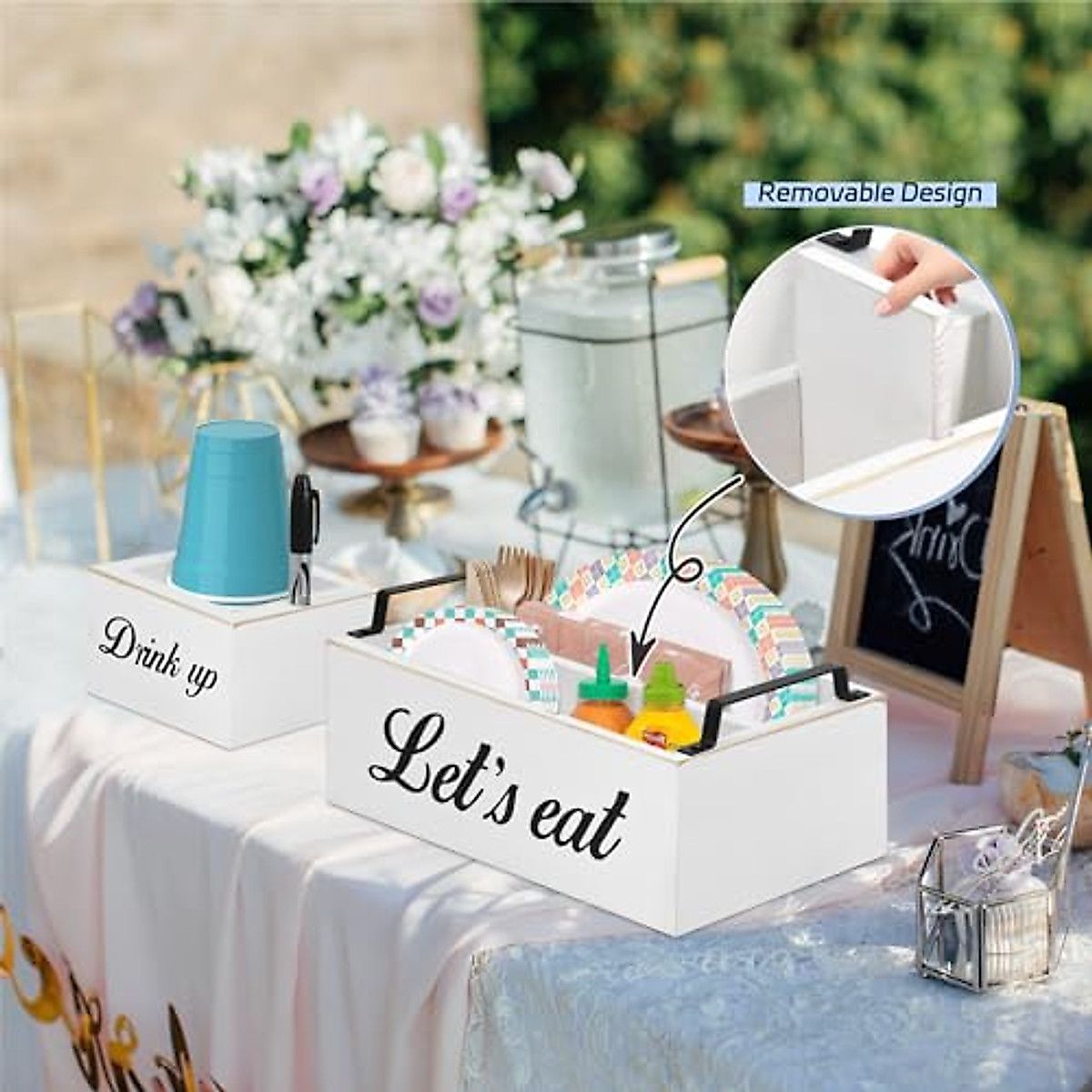 Paper Plate Holders for Kitchen Countertop, Wooden Utensil Caddy with Large Cup Holder, Disposable Paper Plate Organizer Silverware Caddy for Plate, Cup, Fork, Spoon, Napkin, Condiment (Set of 2)