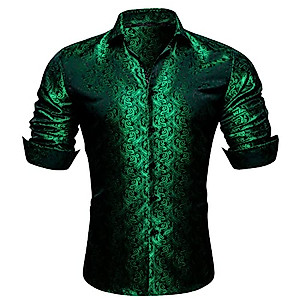 YOHOWA Men's Silk Shirt Paisley Button Down Dress Shirts Regular Fit Long Sleeve Shirt Formal Casual Green