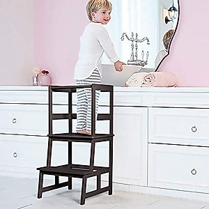 Costzon Kids Kitchen Step Stool with Safety Rail, Toddler Kitchen Stool w/Solid Bamboo Construction, Child Stand Helper for Kitchen Bathroom Living Room, Perfect for Toddler from 18-36 Months (Brown)