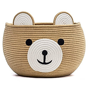 CherryNow Baby Gift Basket for Newborn, Empty Gift Basket with Handles, Medium Animal Basket for Toy Clothes Towel, Woven Rope Bear Basket for Kids, Brown, 15.7" D x 10.5" H
