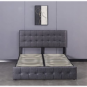 Oudiec Modern Upholstered Queen Size Bed Frame with Adjustable Headboard,Heavy Duty Button Tufted Bed Frame with Wood Slat Support for Dorm,Bedroom,Guest Room, Grey