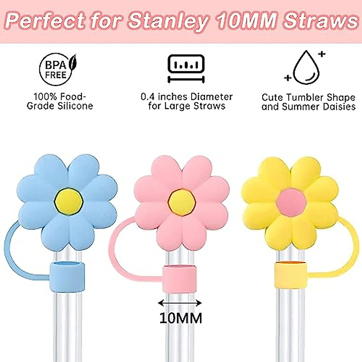6PCS Straw Cover Cap for Stanley Cup, Silicone Straw Topper fit Stanley 30&40 Oz Tumbler with Handle,10mm Cute Drinking Straw Tip Covers for Stanley Cups Accessories