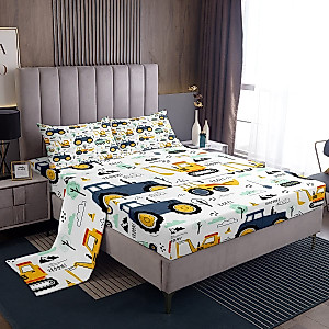 Excavator Tractor Bed Sheets King,Construction Vehicles Sheet Set for Kids Girls Teens Bedroom,Cartoon Car Toddler Bed Sheet with 2 Pillowcases,Equipment Trucks Sheets Boys Truck Room Decor