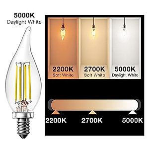 DAYBETTER E12 Candelabra Light Bulbs 60 Watt Equivalent, Dimmable LED Light Bulb Daylight White 5000K, Clear Filament Chandelier Light Bulbs 5.5W 600lm CA11 LED Bulbs, Ceiling Fan Light Bulbs, 5 Pack