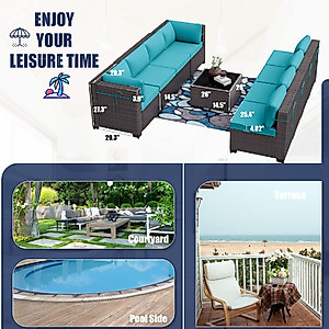 Delnavik Patio Furniture Set 9-Pieces Outdoor Furniture for Backyard Wicker Sectional Sofa Set, Rattan Patio Conversation Set with Thickened Cushions and Glass Coffee Table, Turquoise