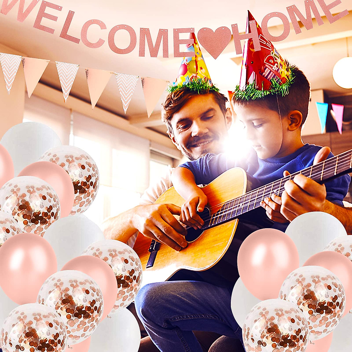 TBoxBo 15 Pcs Welcome Home Banner Rose Gold Glitter Welcome Back Balloon Banner Decorations Kit Welcome Home Decorations for Welcome Home Party Decorations, Welcome Home Sign