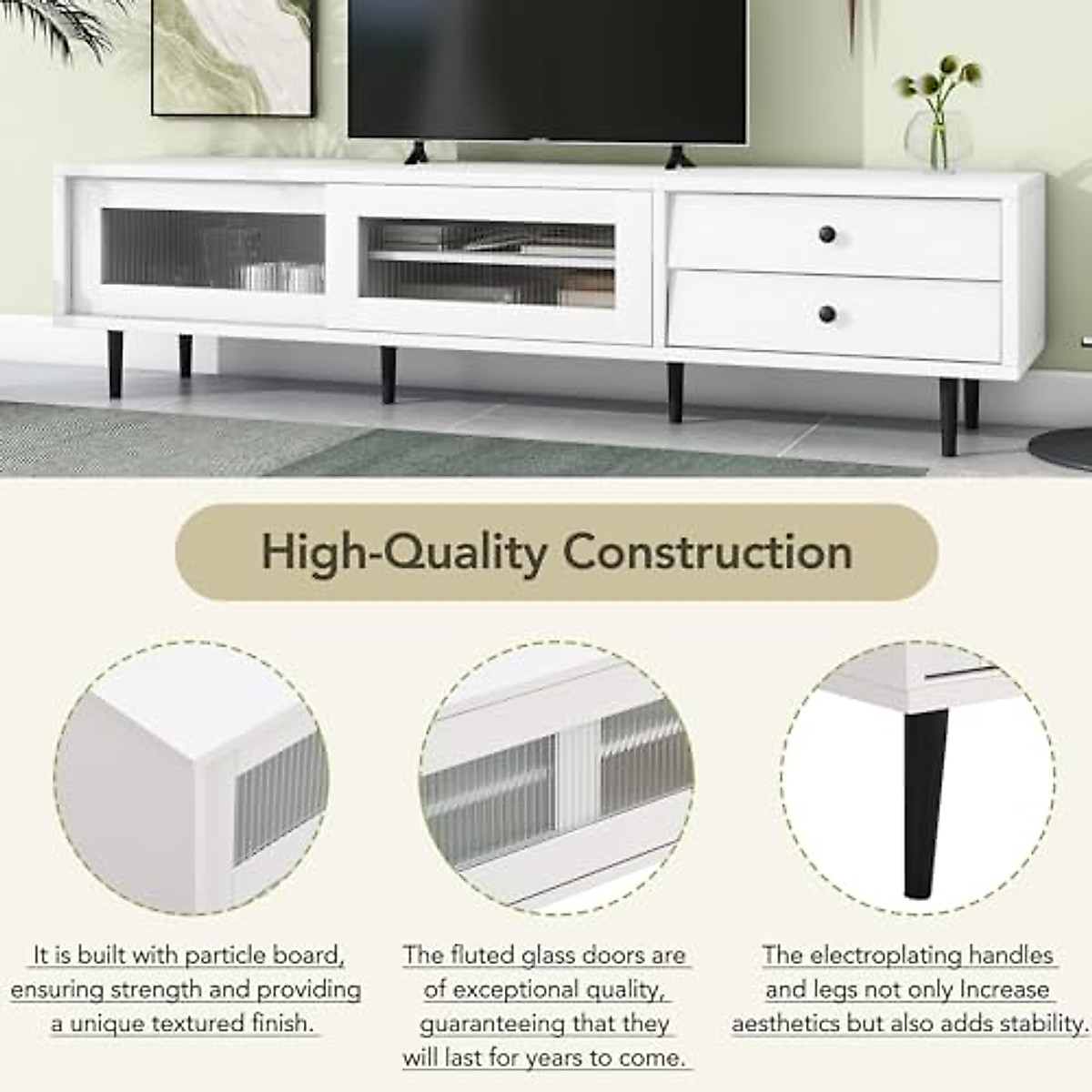 PONNYC TV Stand for TVs up to 75",Modern TV Cabinet with Sliding Fluted Glass Doors and Slanted Drawers,Media Entertainment Center Console Table Coffee Tables Credenza for Living Room Bedroom,White B
