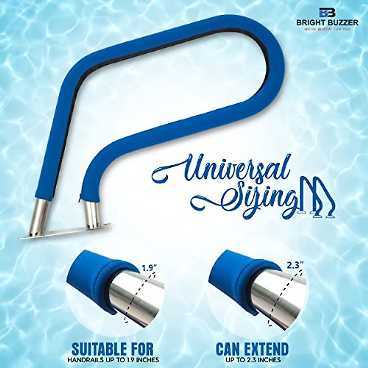 BRIGHT BUZZER Pool Railing Covers — 4, 6, 8 Foot Neoprene Zippered Swimming Handrail with Inflatable Drink Holder Anti-Slip Grip for Inground Ladder Handles, Royal Blue