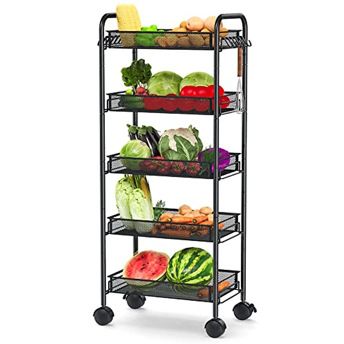 HomeHom 5 Tier Utility Rolling Cart, Multipurpose Utility Cart with 12 Hooks, Storage Cart Craft Cart Organizer for Bathroom Laundry Kitchen, Book Art Snack Lash Makeup Diaper cart, Black