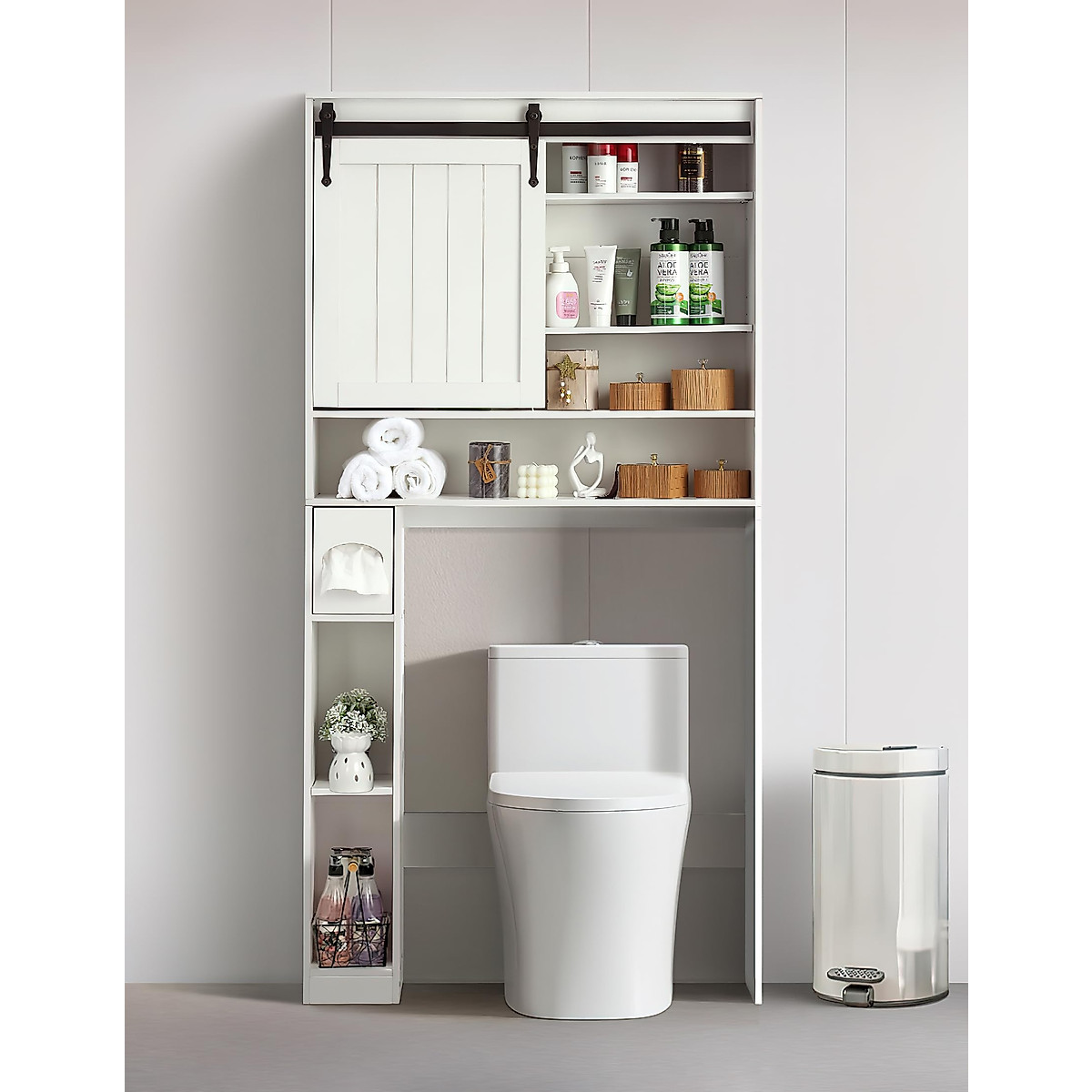 LOUVIXA Over The Toilet Storage Cabinet, Over Toilet Bathroom Organizer with Sliding Barn Door and Adjustable Shelf, Home Space Save Toilet Rack for Bathroom, Laundry (Farmhose White, 1 Barn Door)