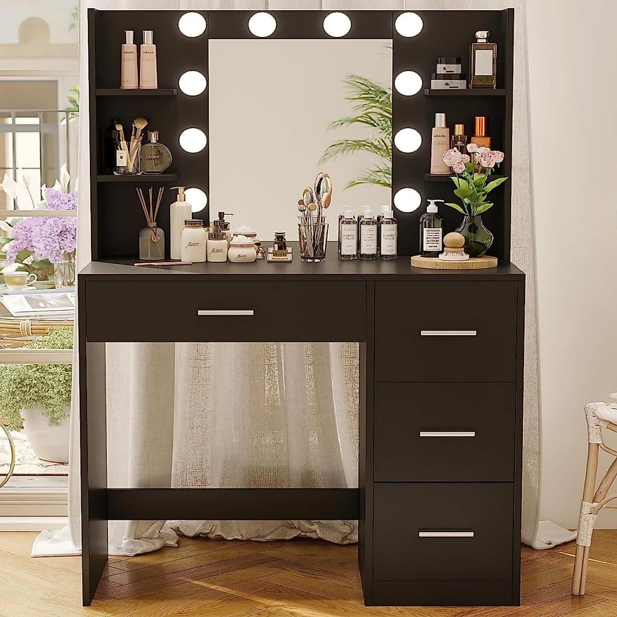 Irontar Vanity Desk, Makeup Vanity with 10 LED Lights and 4 Drawers, Brightness Adjustable, Dressing Table with 6 Shelves, Vanity Table for Women, Black WDT003B