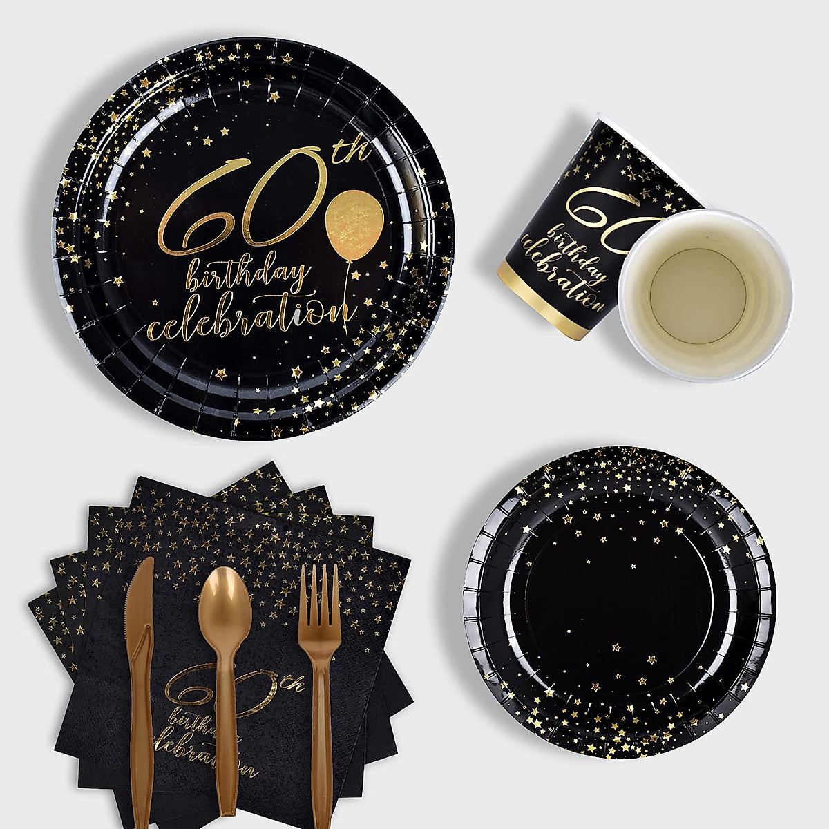 Gatherfun 60th Birthday Party Supplies Disposable Paper Plates Napkins Cups Knives Spoons Forks Tablecloth Banner Number 60 Balloons for Men Woman Black and Gold 60 Birthday Party Decorations Serve 25