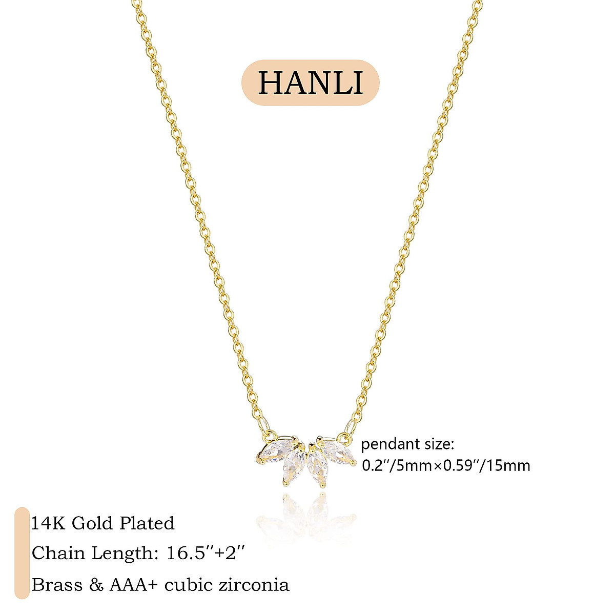 HANLI 14K Gold Plated Marquise CZ Necklace for Women - Dainty Gold, Simple Everyday Elegant Jewelry