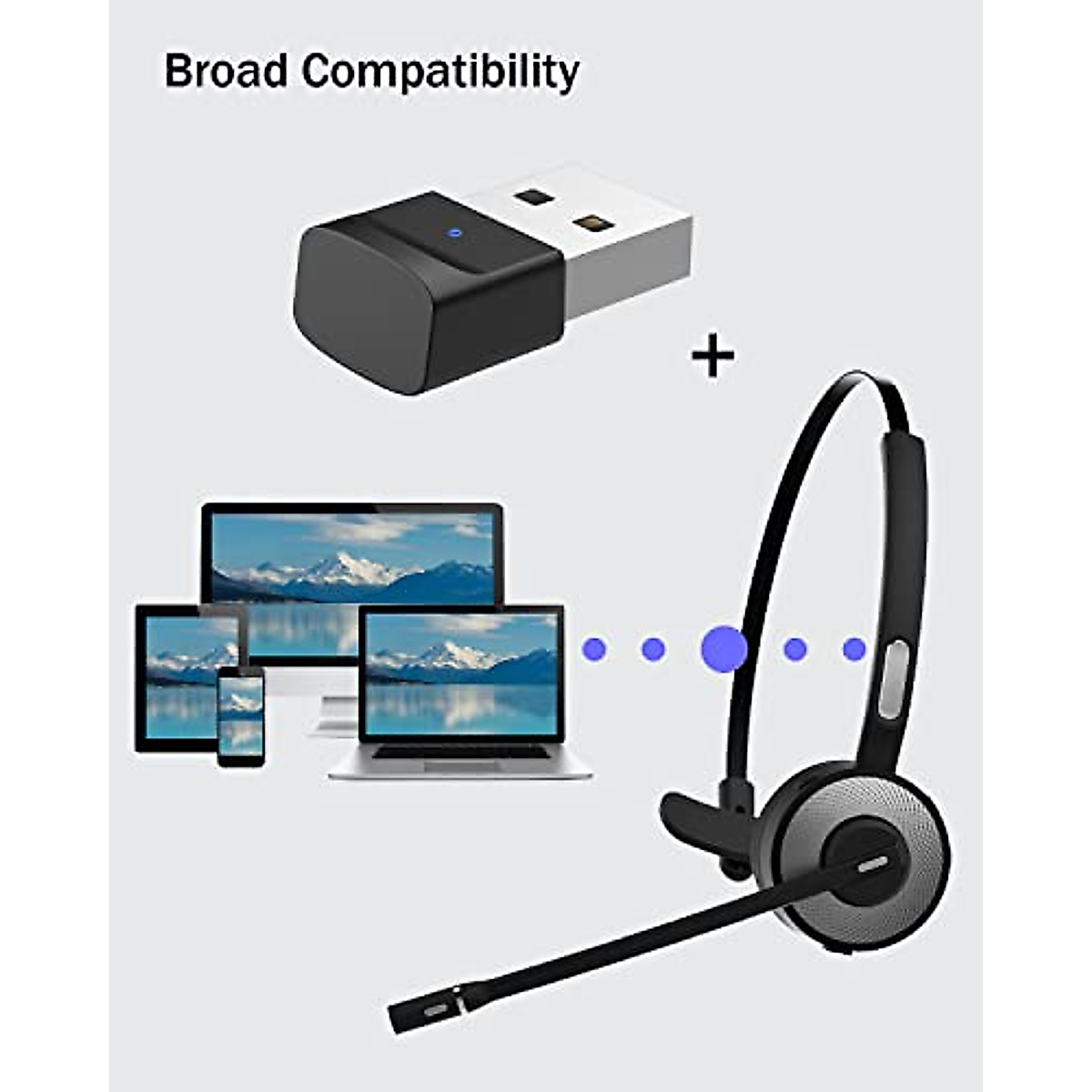ASIAMENG Bluetooth Headset with USB Dongle/Adapter, Single-Ear Wireless Headset with Noise Cancelling Microphone Mute Key Charging Base/Stand for Computer PC Laptop Cell Phones Trucker Office Home