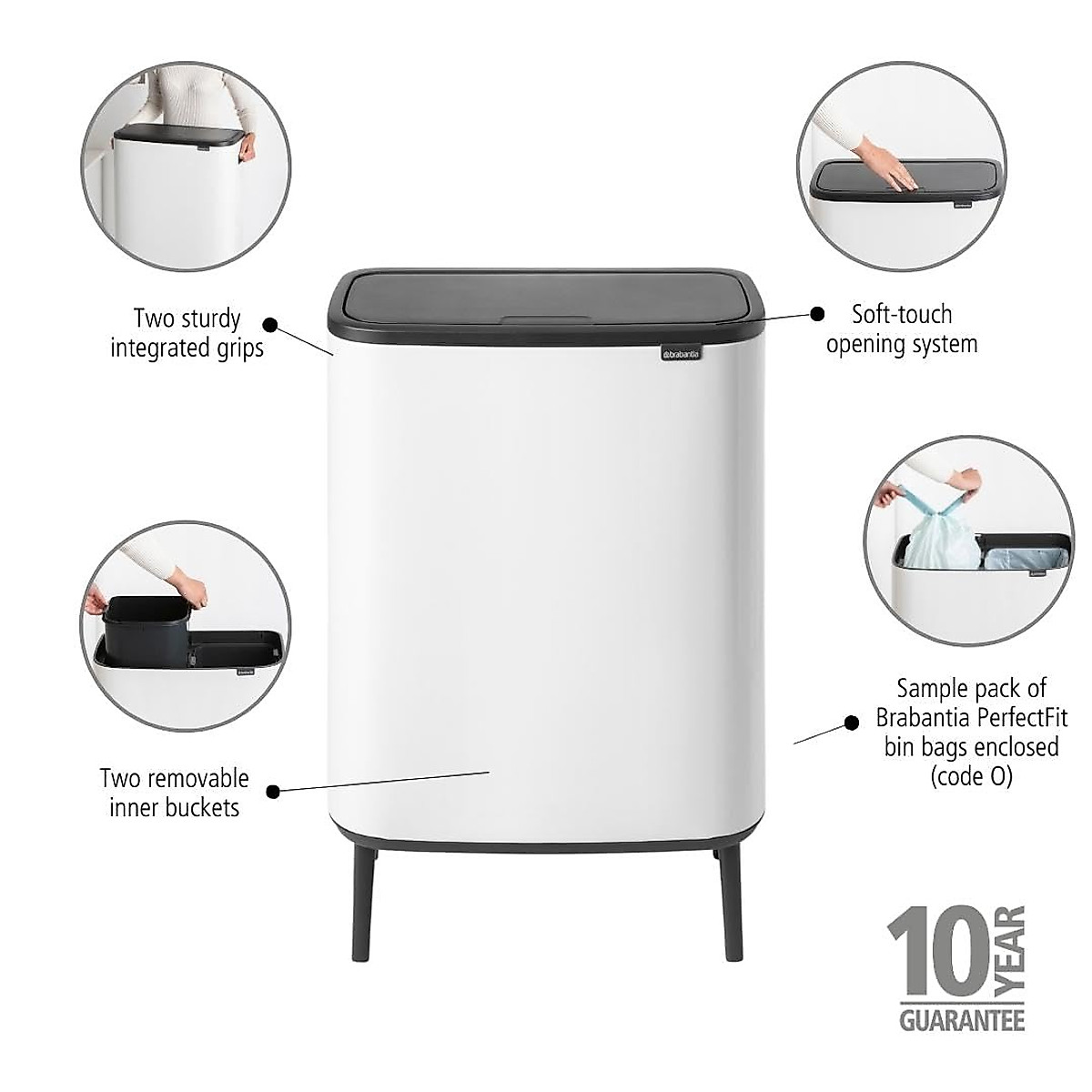 Brabantia Bo Hi Touch Top Trash Can - 2 x 8 Gal Inner Buckets (White) Waste/Recycling Garbage Can, Removable Compartments, Raised Legs