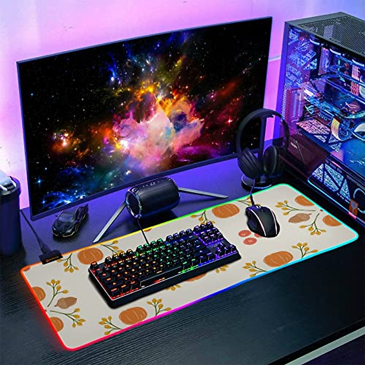 Large RGB Gaming Mouse Pad Pumpkin Acorn Cranberry Damask Glowing Extended Mousepad, Soft Anti-Slip Rubber Base Luminous Mouse Mat for Pc Laptop, Gaming, Office, Home