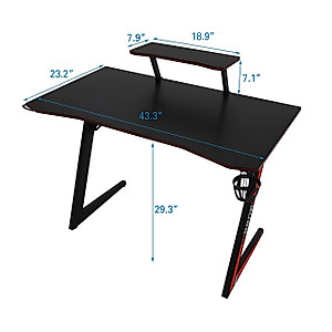 AuAg 44 inch Gaming Desk with Monitor Stand, Racing Style Home Computer Pc Table, Z-Shaped Gamer Game Work-Station with Cup Holder and Headphone Hook (44 inch)