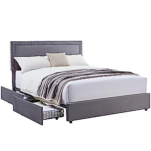 Queen Size Upholstered Platform Bed Frame Platform with 4 Storage Drawers, Adjustable Velvet Rivets Headboard, Wooden Slats Support, No Box Spring Needed, Easy Assembly