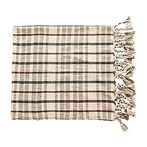 Bloomingville Woven Recycled Cotton Blend Plaid Tassels, Charcoal Color & Brown Throw, Charcoal & Brown