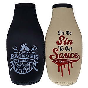 BBQ Smoker Bottle Coolies - Barbecue Meat Smoking Gift for Dad,Useful Gifts for Men Who Have Everything,Bottle Cooler Insulator Sleeve w Zipper,Built-In Removable Opener,Insulated 12 oz. Bottle Coolie