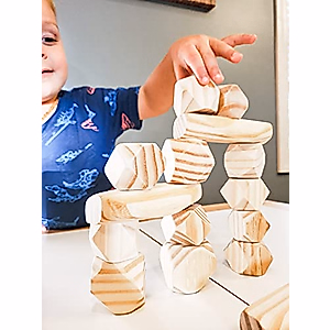 Panda Brothers Wooden Balancing Stones - Montessori Toys for 3 4 5 Year Old Kids and Toddlers Learning Sensory Toy, 20 Large Size Wooden Building Blocks Set of Stacking Stones for Kids Pine Wood Rocks