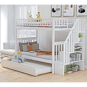 STP-Y Twin Trundle Bunk Bed for Kids, Bunk Beds with Trundle and Stairs, Twin Over Twin Bunk Bed with Storage, White (Color : Grey, Size : Twin Over Full)