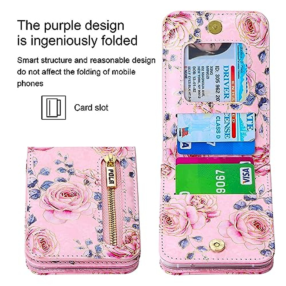 EAXER for Samsung Galaxy Z Flip 5 Case, Shockproof Women Rose Flower with Crossbody Strap Wallet Leather Stand Case Cover (Pink)
