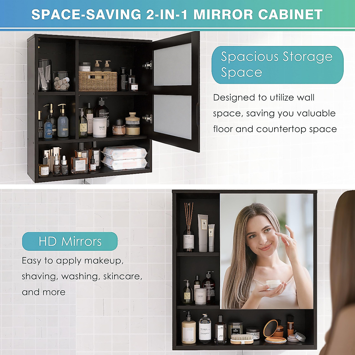 SMIBUY Bathroom Mirror Cabinet Wall Mounted, Bamboo Space Saver Medicine Cabinet, Wall Hanging Over Toilet Storage Cabinet with Mirror Door and Adjustable Shelf (Black)